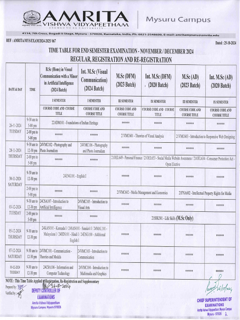 Amrita Vishwa Vidyapeetham Exam Timetable 2024 | PDF | Qualifications | Vocational Education