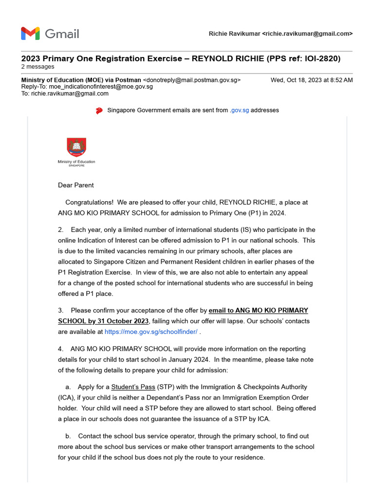 Gmail - 2023 Primary One Registration Exercise - REYNOLD RICHIE (PPS Ref - IOI-2820) | PDF