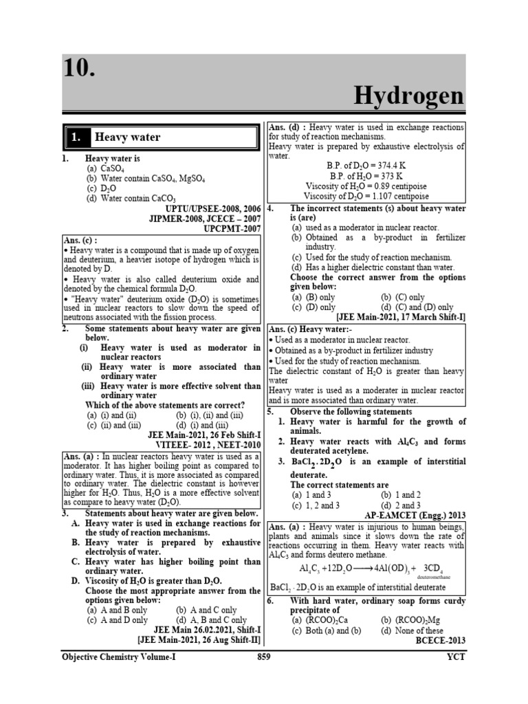 1841279818-YCT Hydrogen NEET JEE Questions Practice | PDF | Hydrogen Peroxide | Redox