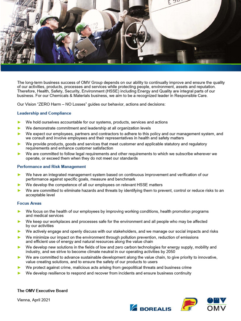Annex 1 - HSSE Policy OMV Group (SUPPORTS GDI-0045-HSSE Directive - ENG) | PDF | Occupational ...