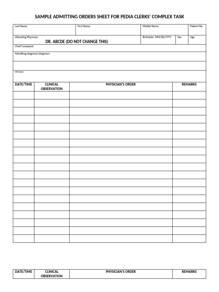 Admitting Orders Sample For Pedia Clerks | PDF
