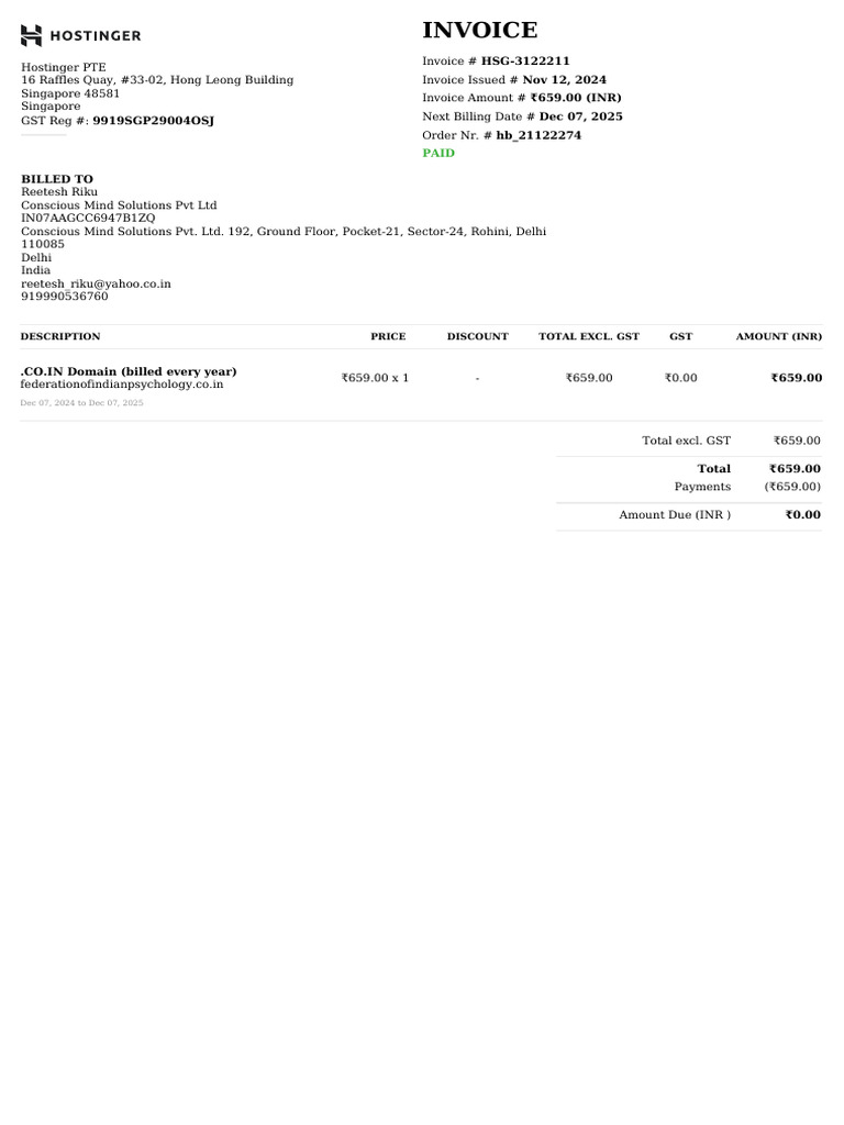 Hostinger Invoice for Domain Purchase | PDF