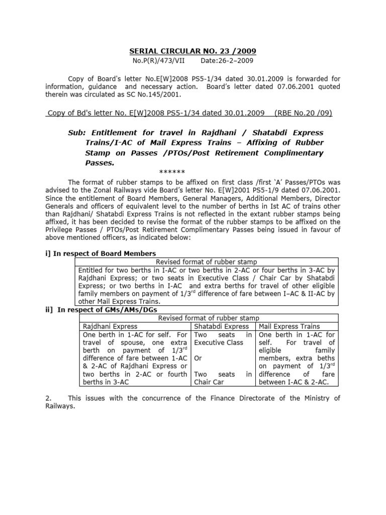 2009 - 23 Rubber Stamps On Pass, PTO, PRC (Raj Shat Etc) | PDF | Rail ...