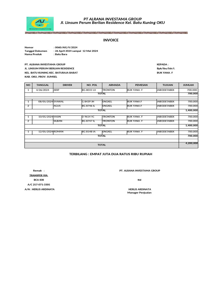 Invoice Aig Bulan Mei, Yana Zio Danil Asep 2024 | PDF
