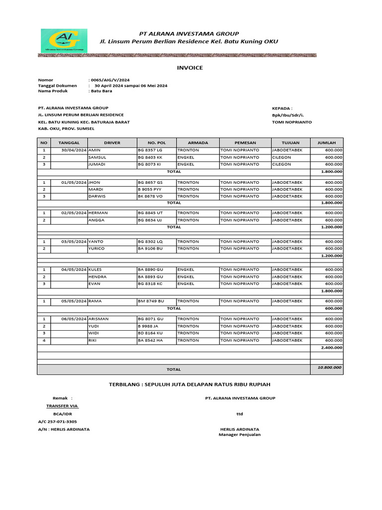 INVOICE AIG TOMI NOPRIANTO Mei 2024 | PDF