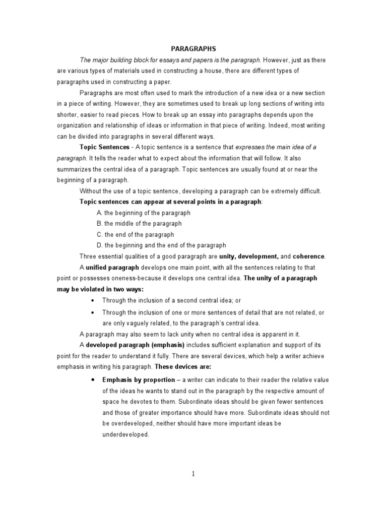 The Major Building Block For Essays and Papers Is The Paragraph ...