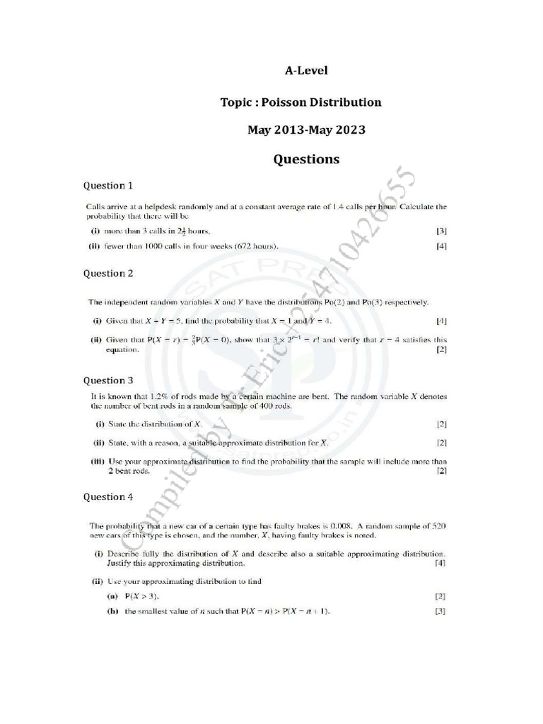 A Level Poisson Distrubution Questions PDF Output | PDF