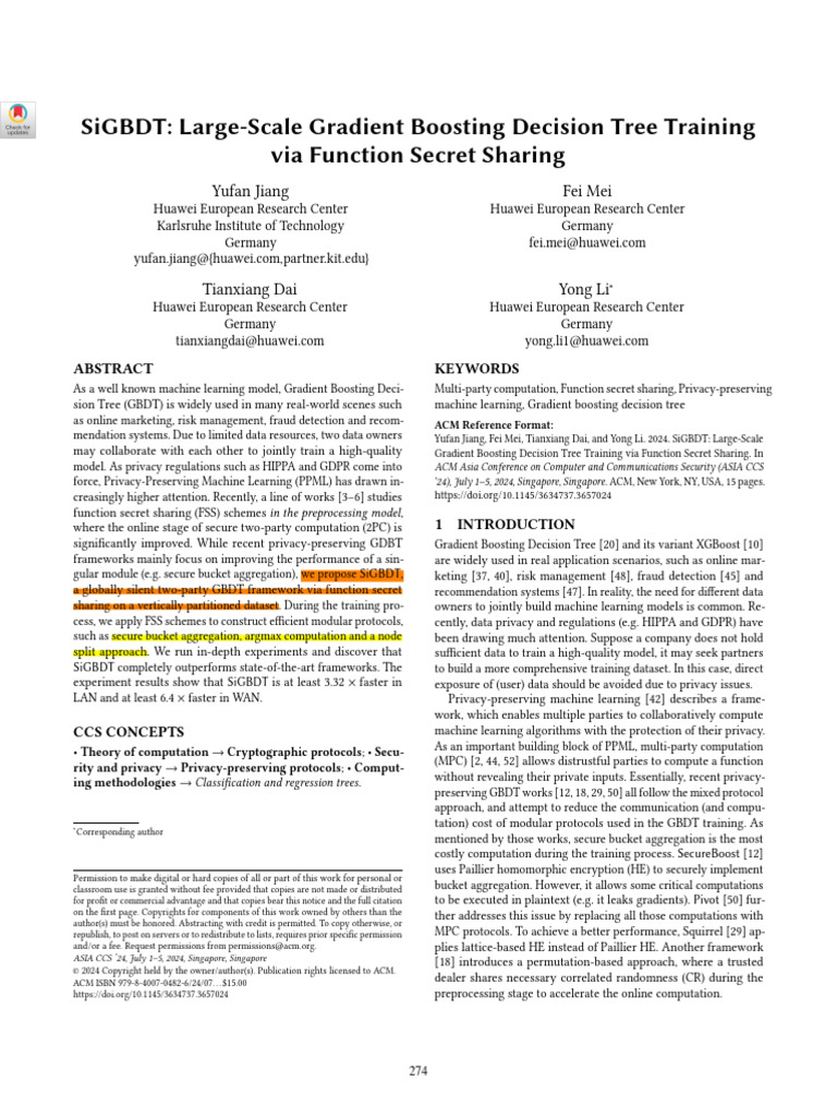 AsiaCCS 2024 SiGBDT - Large-Scale Gradient Boosting Decision Tree Training Via Function Secret ...