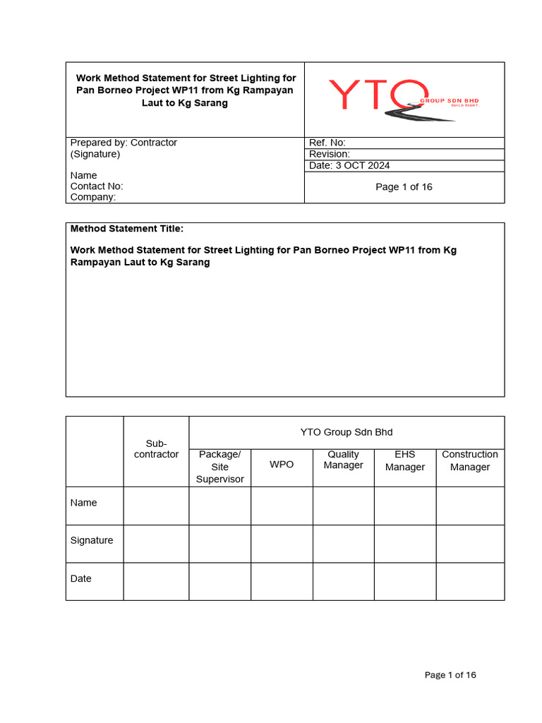 Work Method Statement For Street Lighting For Pan Borneo Project WP11 ...