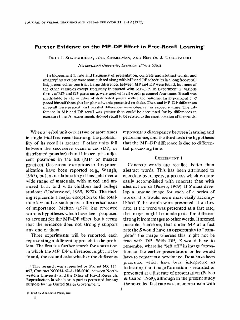 Further Evidence On The MP-DP Effect in Free-Recall Learning | PDF | Experiment | Variance