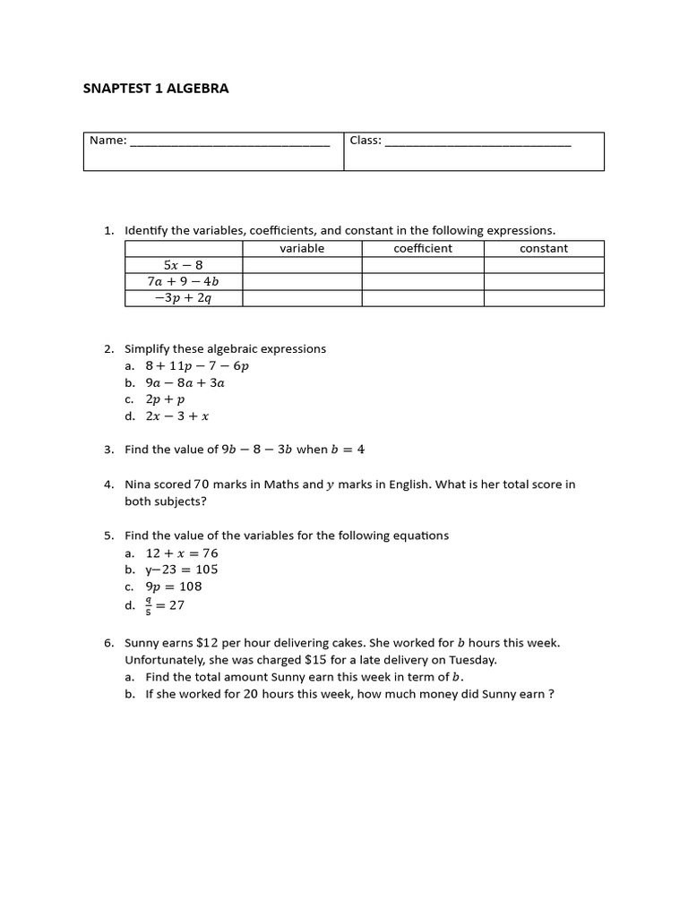 Snap Test 1 Grade 6 (Algebra) | PDF