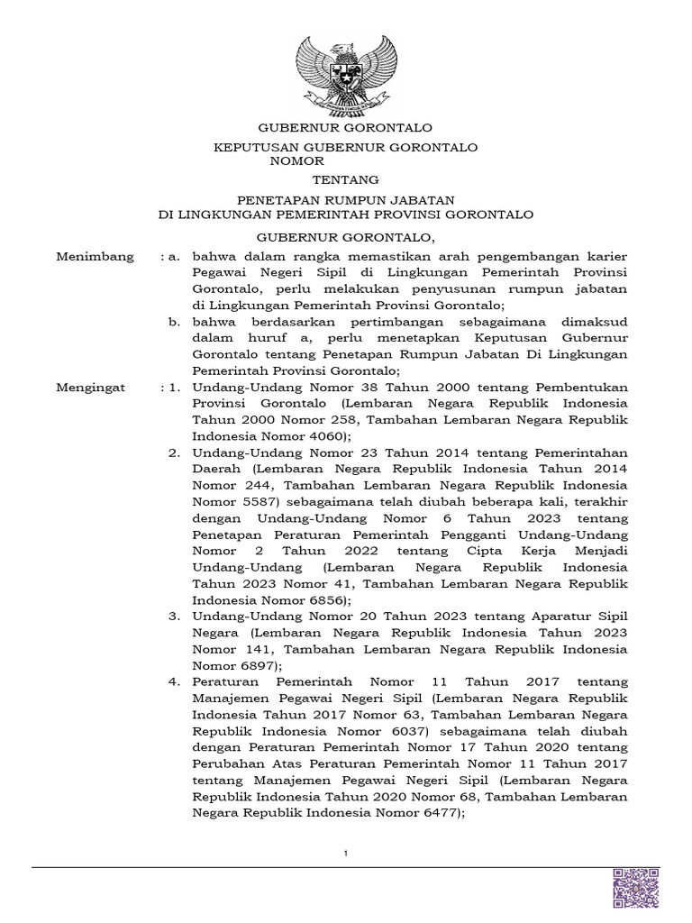 SK BKD TTG Penetapan Rumpun Jabatan Di Lingkungan Pemerintah Provinsi Gorontalo | PDF