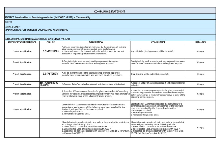 Compliance Sheet - QCS 2014 | PDF | Specification (Technical Standard) | Glasses