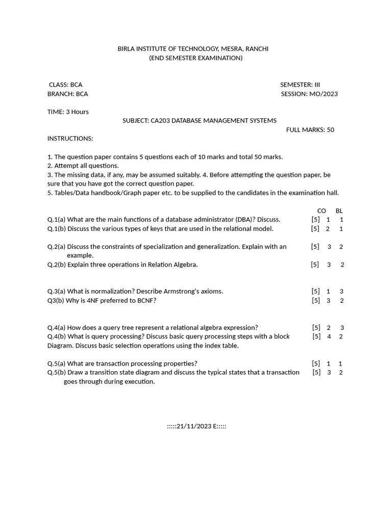 Dbms End Sem Paper | PDF
