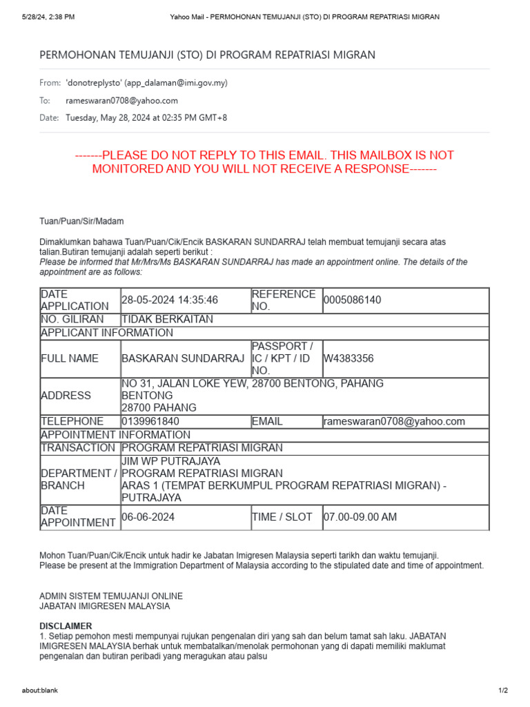 PERMOHONAN TEMUJANJI (STO) DI PROGRAM REPATRIASI MIGRAN - Baskaran | PDF | Pengelolaan Keuangan ...