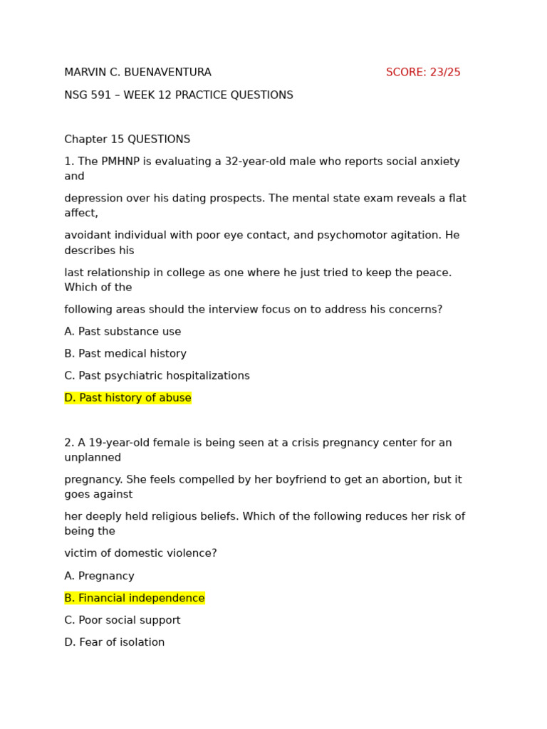 NSG 591 Week 12 Practice Questions | PDF | Mental Disorder | Psychiatry