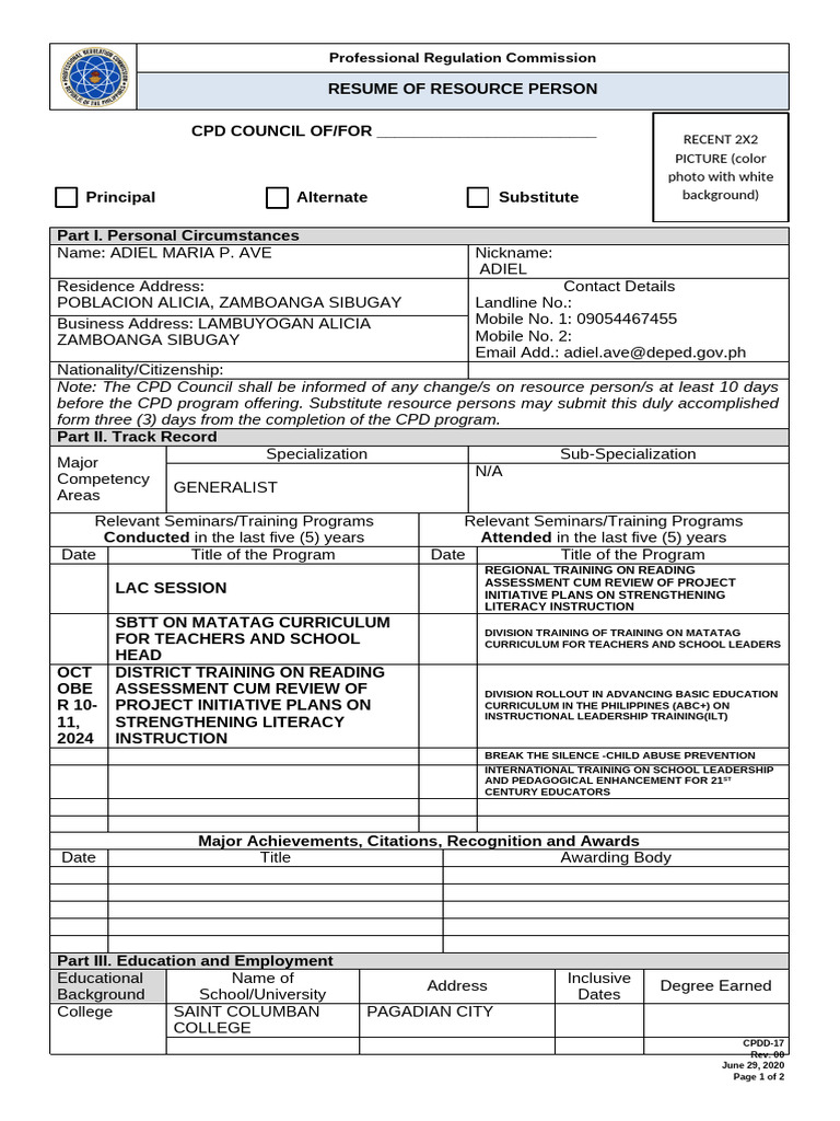CPDD-17 CV For Speakers | PDF