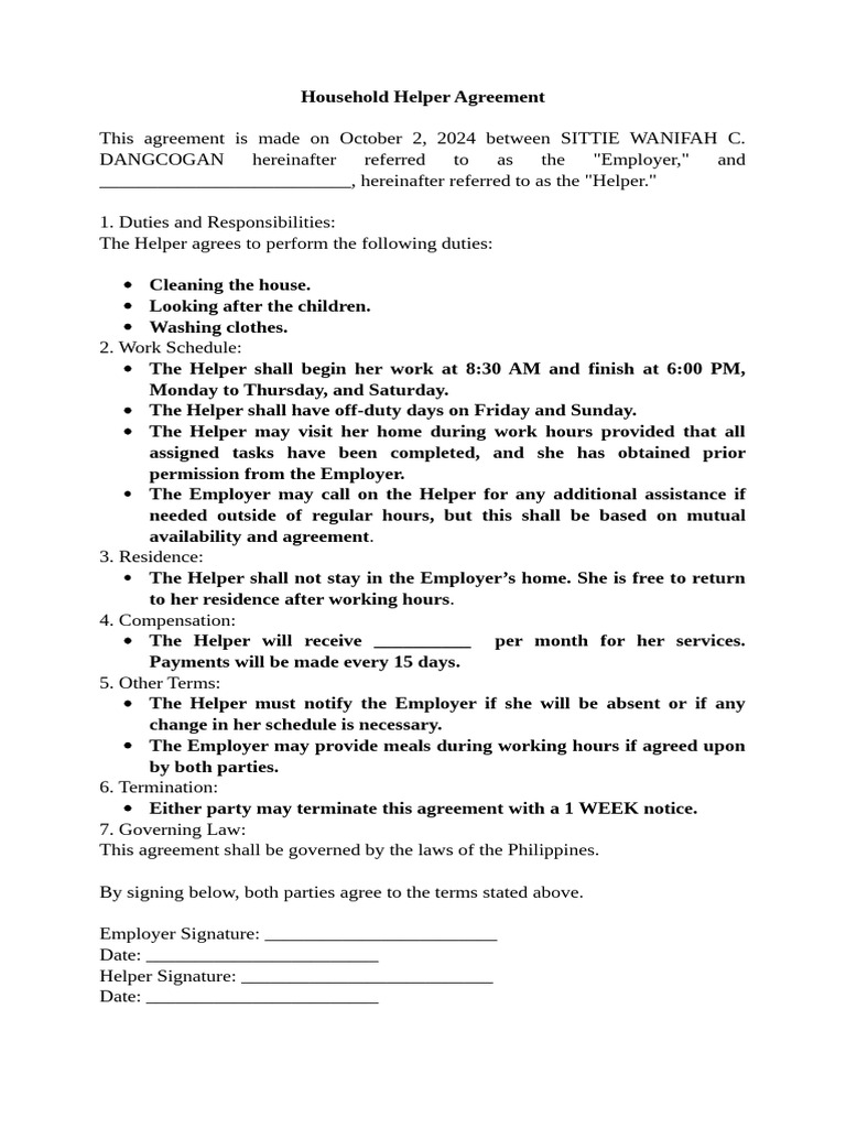 Household Helper Agreement Template | PDF | Law
