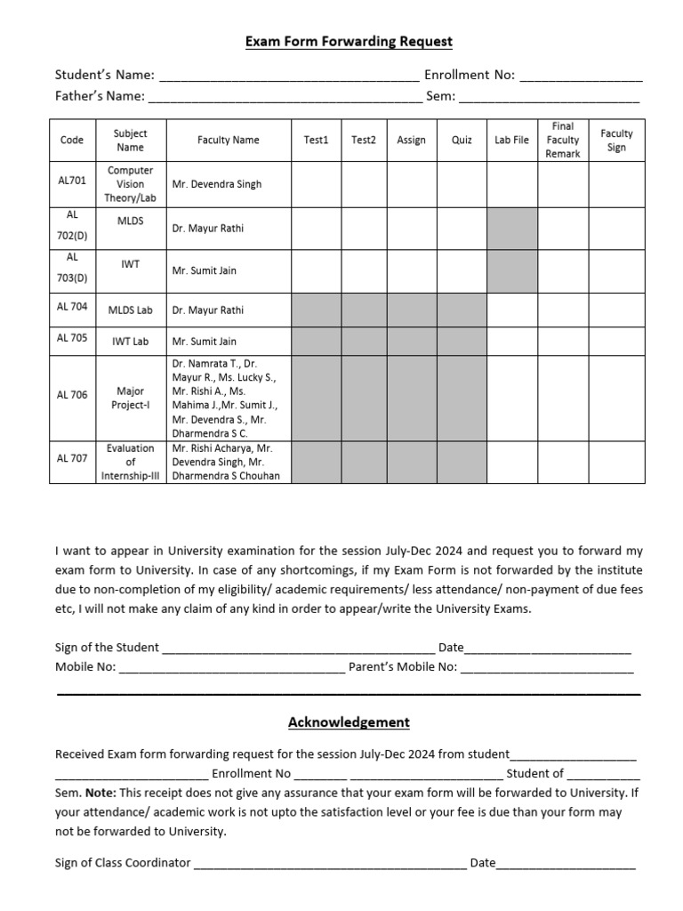 Exam Form Forwarding Request CSE (AI&ML) IV Yr VII Sem July-Dec 24 | PDF