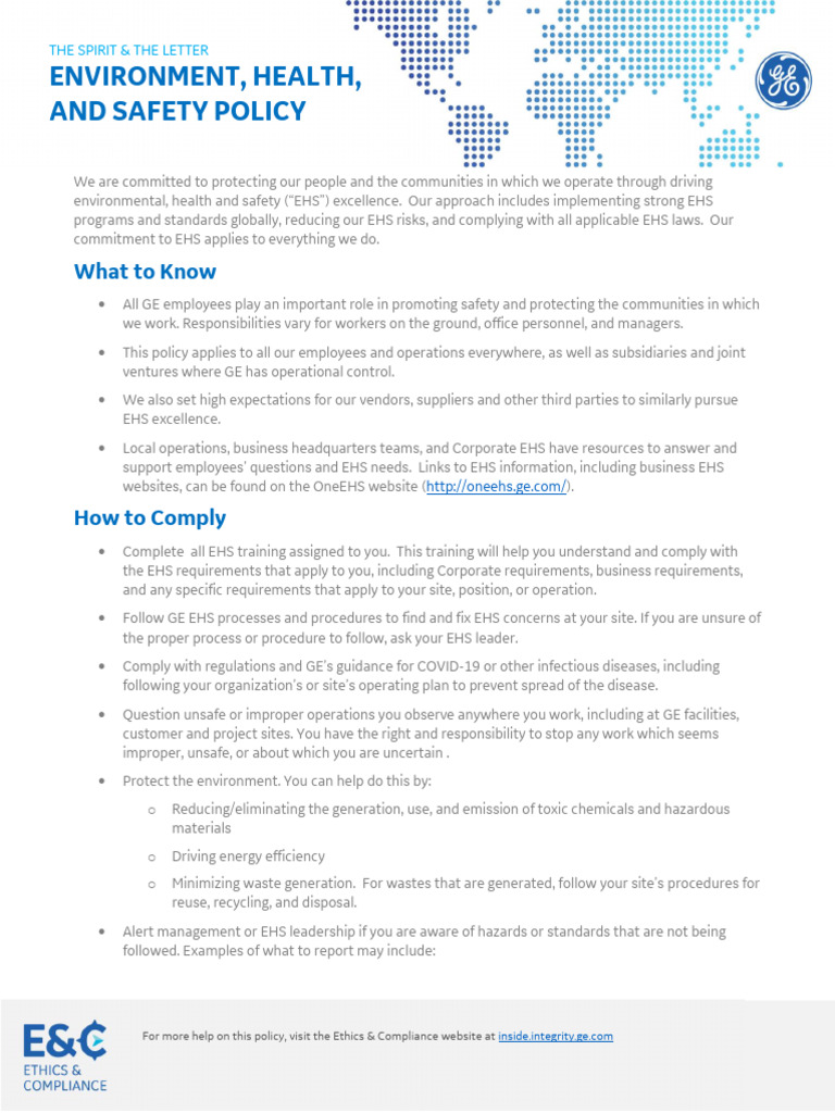 GE EHS Policy Overview & Compliance | PDF | Safety | Waste