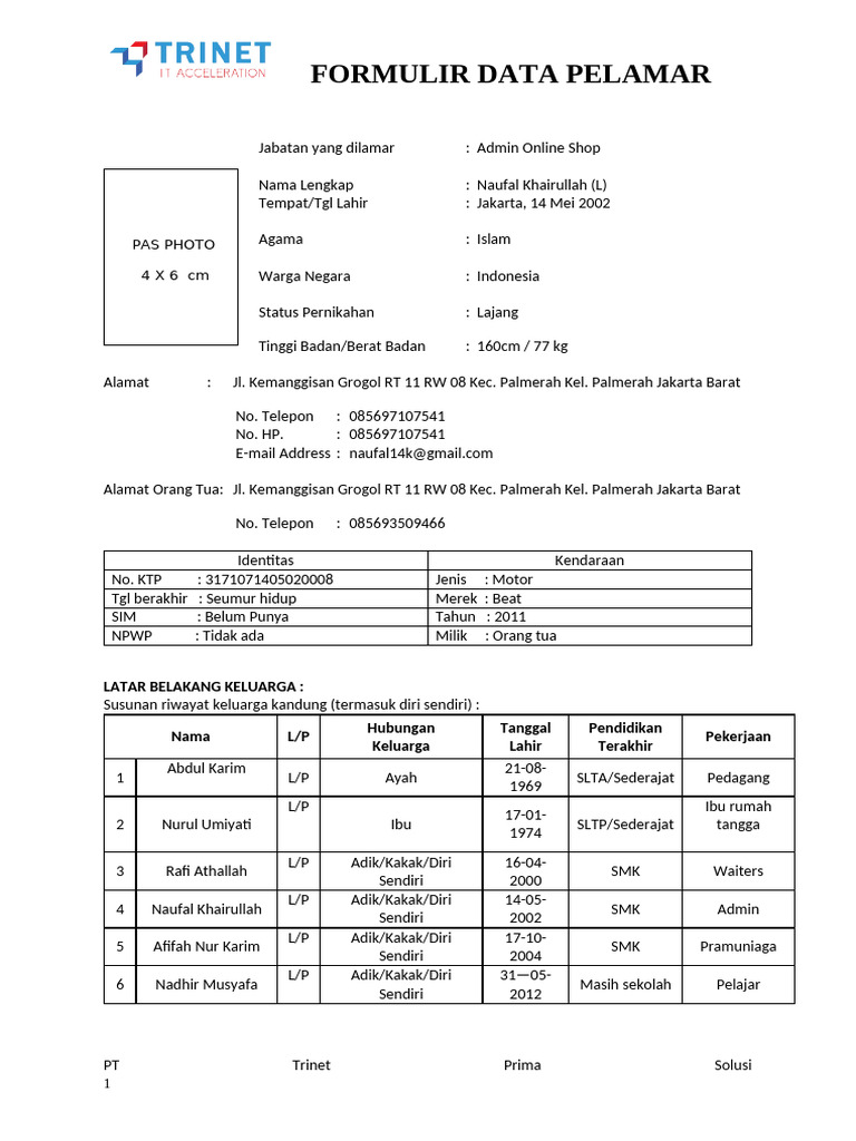 Data Pelamar Naufal Khairullah | PDF