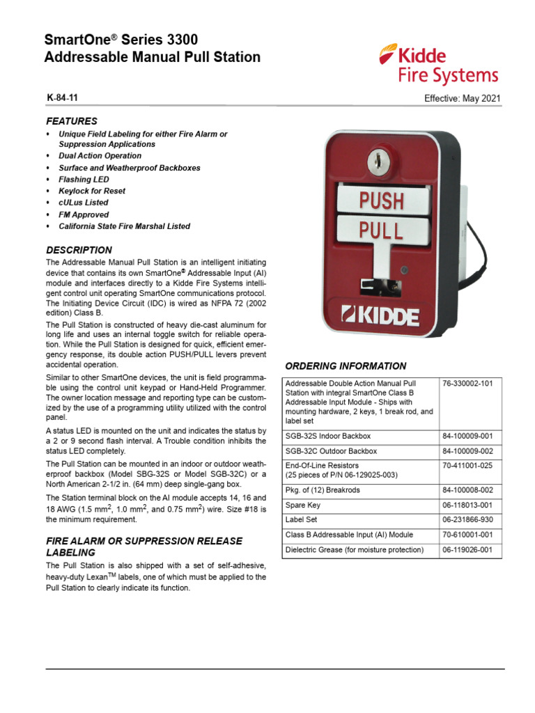 Kidde SmartOne Series 3300 Addressable Manual Pull Station K-84-11.DS ...
