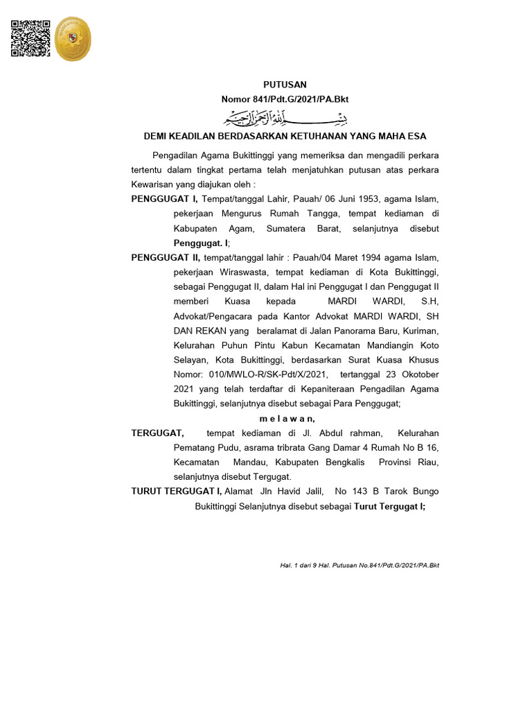 Putusan 841 PDT.G 2021 Pa - BKT 20241015205906 | PDF