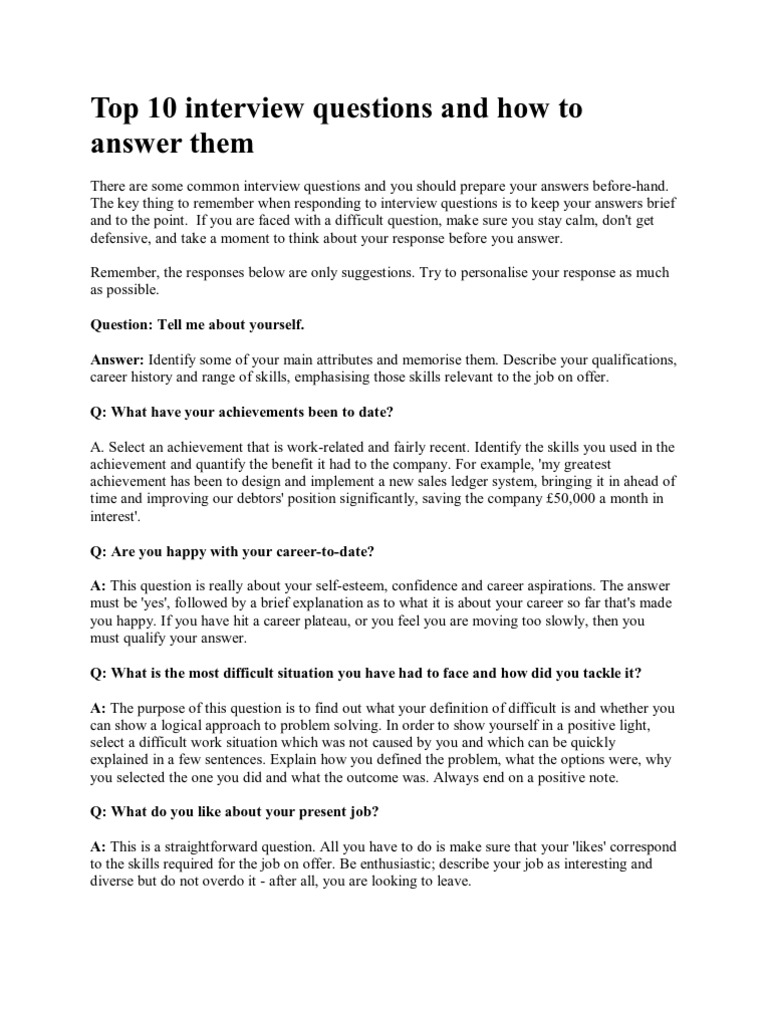 Top 10 Interview Questions and How To Answer Them | PDF | Career ...