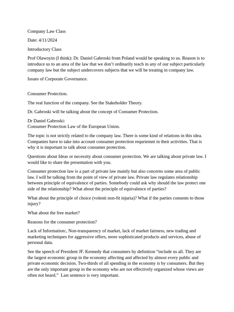 Company Law Class Summary | PDF | European Union | Directive (European ...