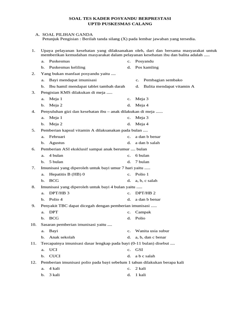 Soal Uji Kompetensi Kader | PDF | Kesehatan Holistik | Sains & Matematika