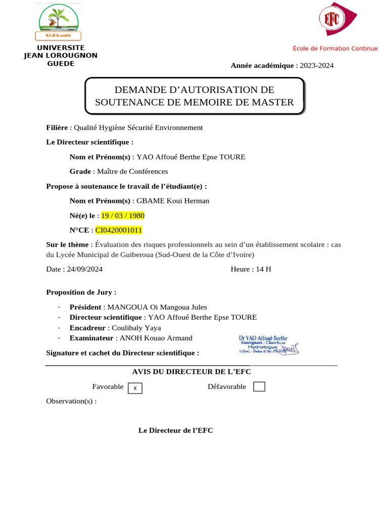 Autorisation de Soutenance - Gbame | PDF