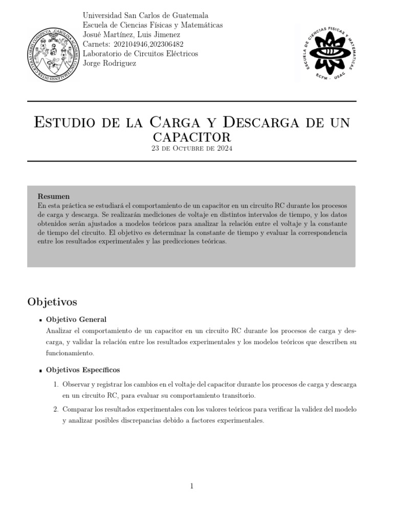 Práctica No 5 Carga y Descarga de Un Capacitor Luis J Josué M | PDF | Condensador | Red eléctrica