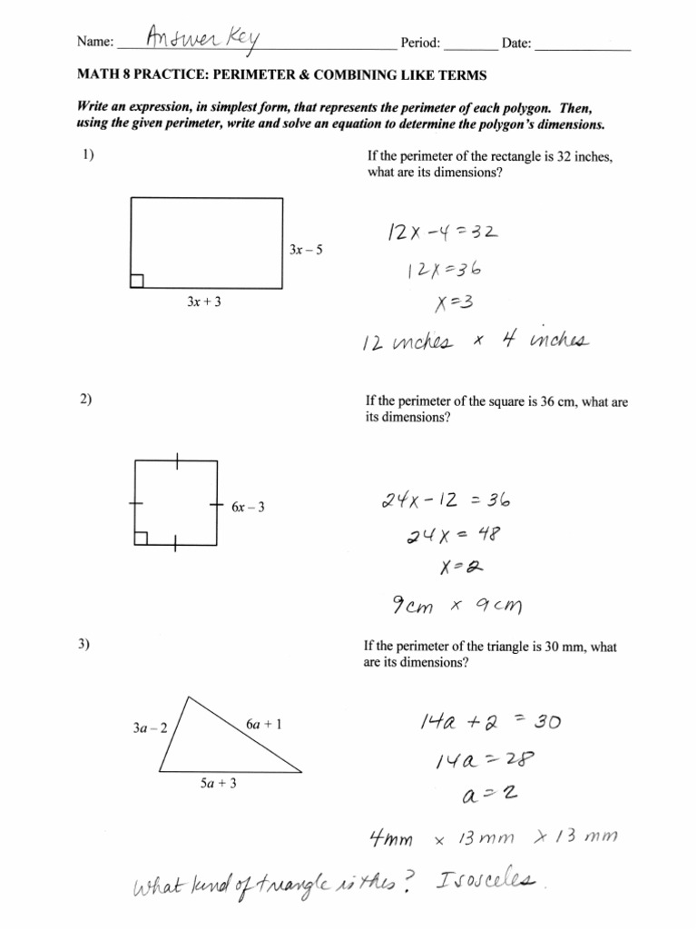 Pre Algebra Worksheet - Combining Like Terms - Perimeter of Polygons ...