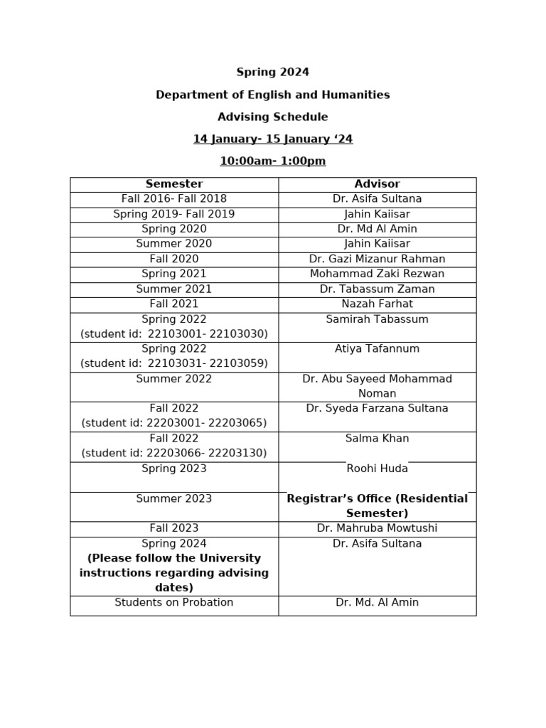 Spring 2024 Advising Schedule | PDF