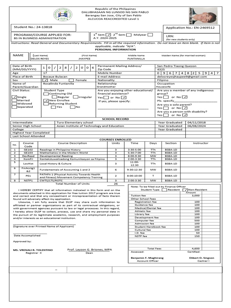 Application No.: EN-2469512 Program/Course Applied For: LRN: Student No ...