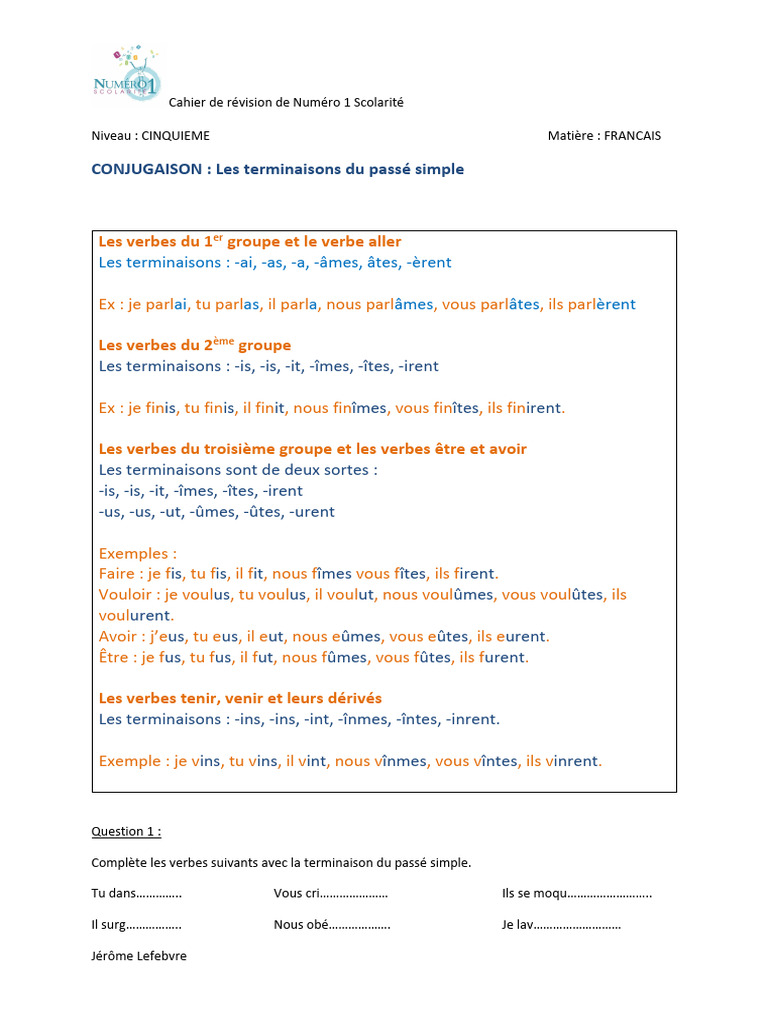 Conjugaison 5ieme Terminaisons Du Passe Simple | PDF | Verbe | Pluriel