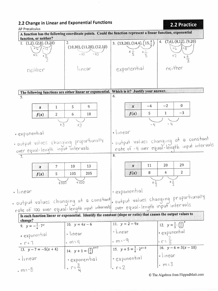 Change in Linear and Exponential Functions Homework Solutions | PDF