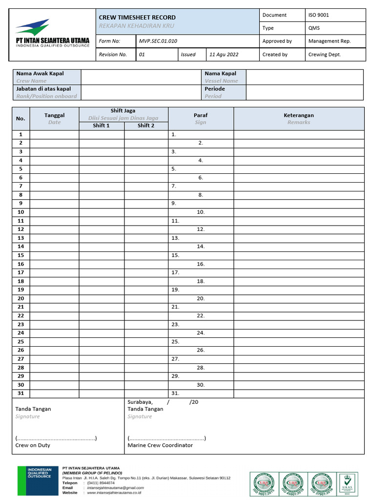 MVP - SEC.01.010 Crew Timesheet Record Rev.1 Titis | PDF