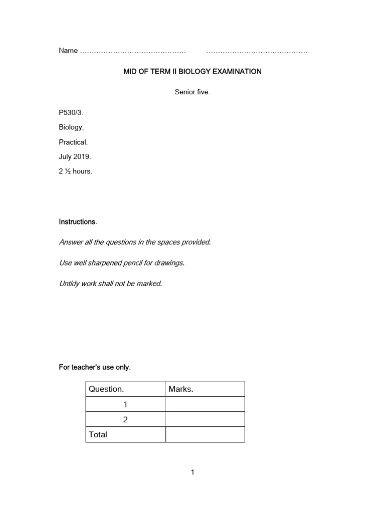 S5 Mid of Term Ii Biology Examination | PDF | Optics