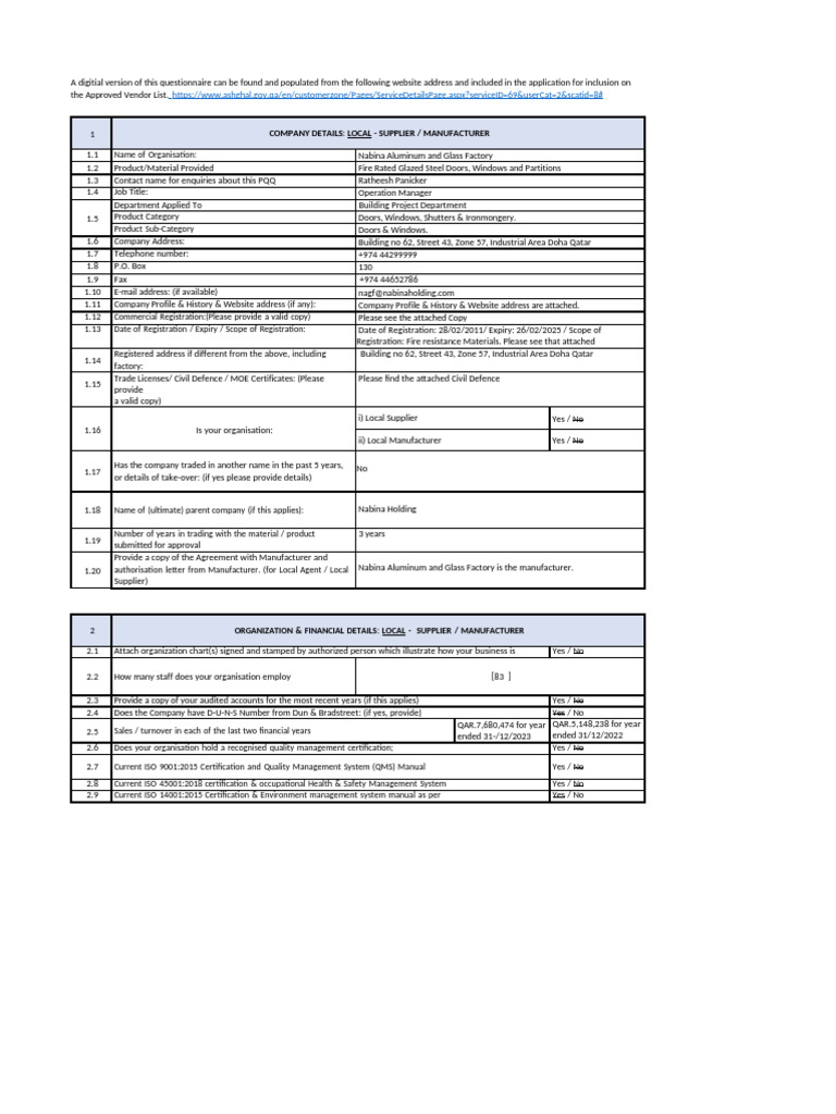 Vendor Questionnaire | PDF | Business