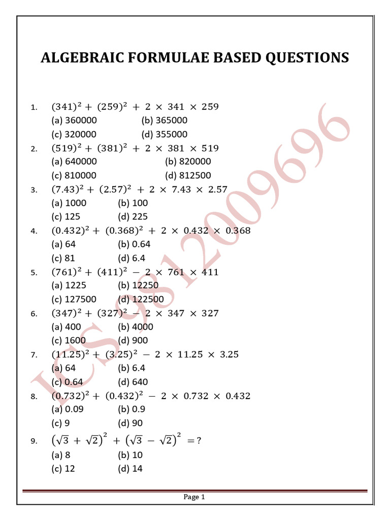 Algebraic Formulae Based Questions 575435 | PDF | Teaching Methods ...
