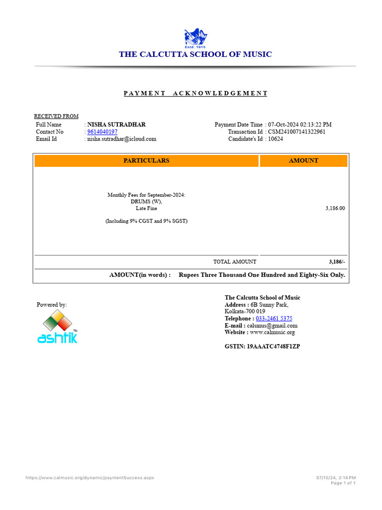 Calcutta School of Music Payment Receipt | PDF