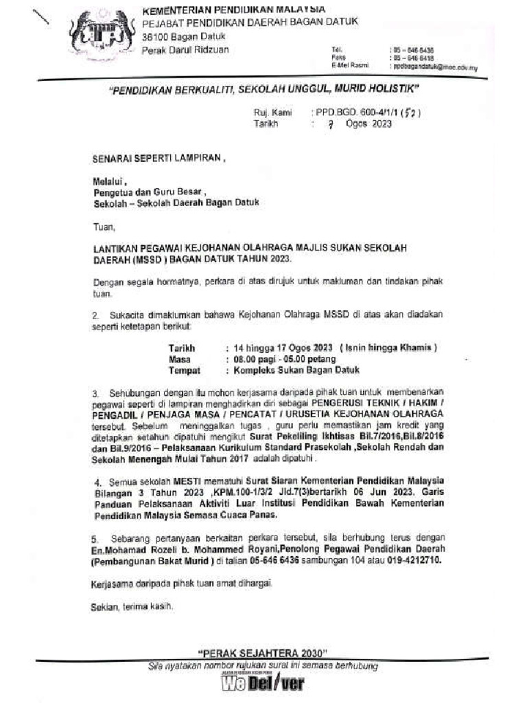 Surat Lantikan Pegawai Olahraga MSSD Bagan Datuk Kali Ke 5 2023 | PDF