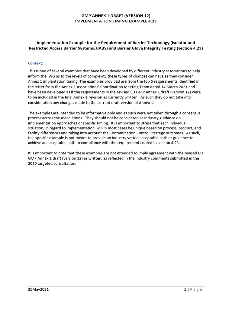 Implementation Examples Eu GMP Annex 1 Draft 25 May 2021 | PDF ...