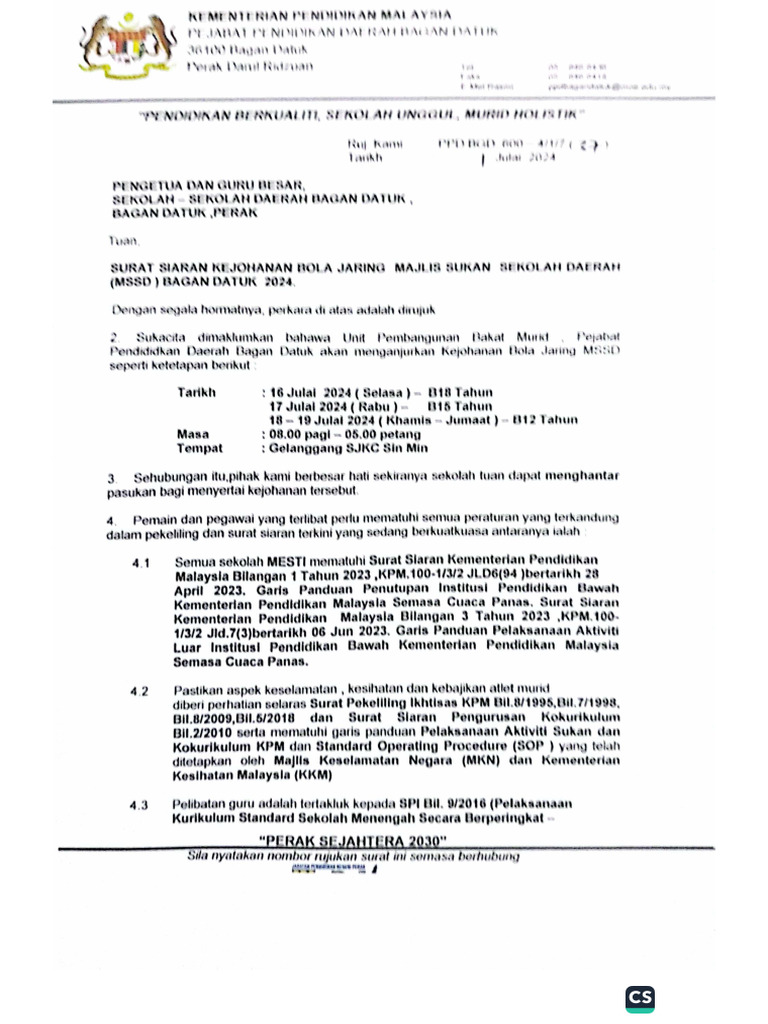 Surat Siaran Kejohanan Bola Jaring MSSD | PDF