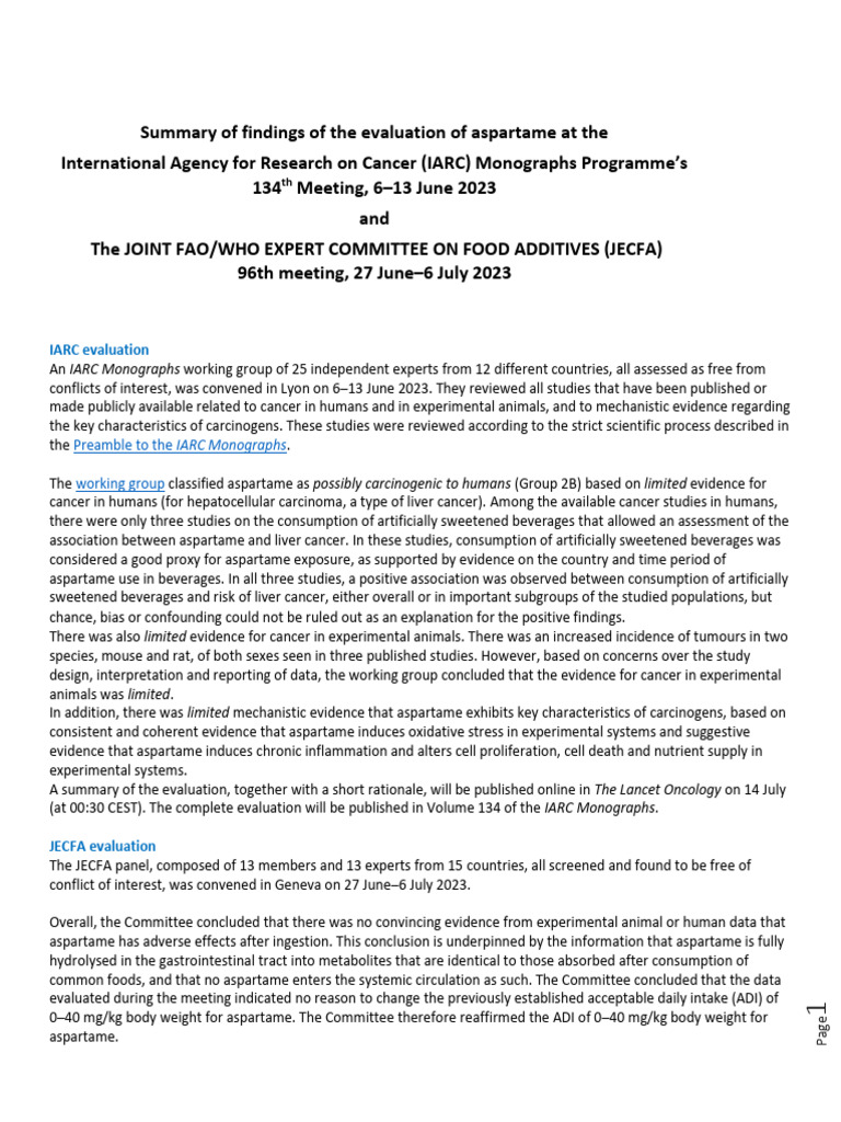 Jecfa-Summary-Of-Findings-Aspartame | PDF | Sugar Substitute | Clinical ...