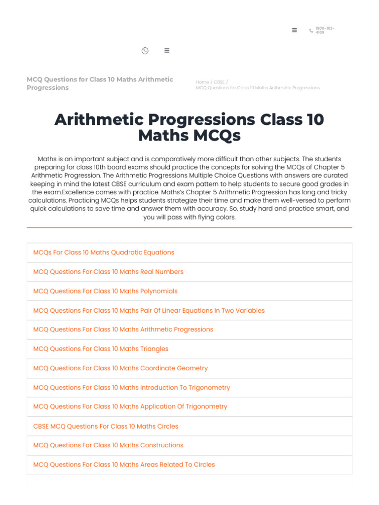 MCQ Questions For Class 10 Maths Arithmetic Progressions | PDF | Mathematics | Multiple Choice