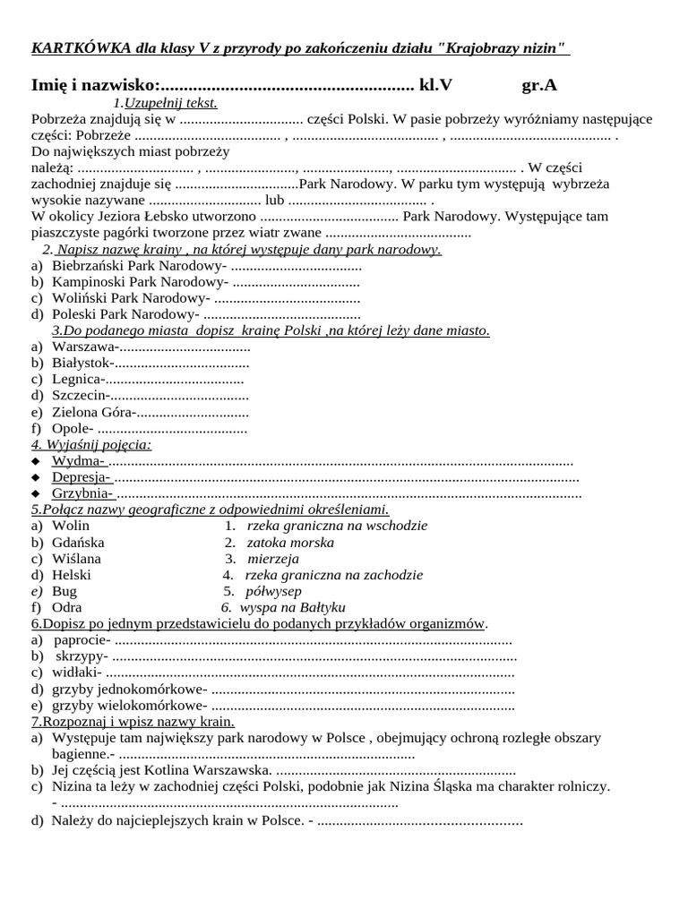 KARTKÓWKA Dla Klasy V Z Przyrody NIZINY POLSKIE GR. A | PDF