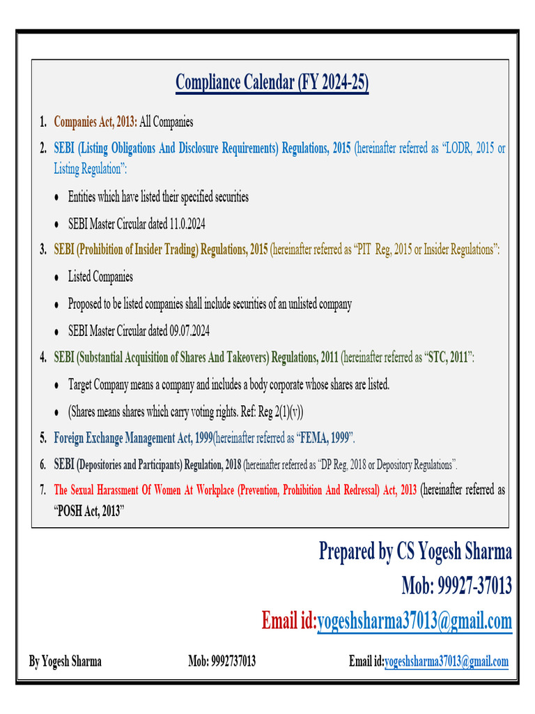 Compliance Calendar FY 2024-25 for Listed Companies | PDF | Private ...