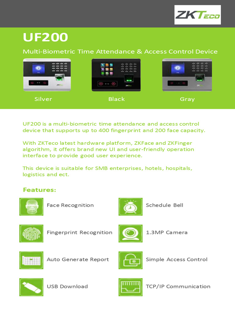 UF200 Face Fingerprint Time Attendance Access Control | PDF